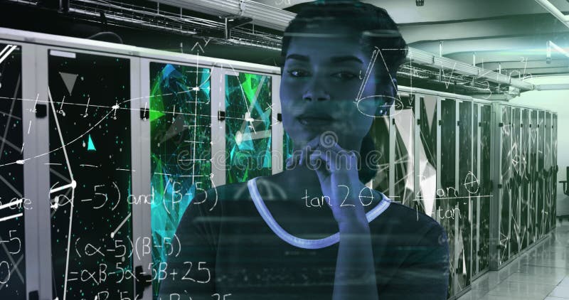 Mathematical Equations Over Portrait of Woman Thinking in Computer ...