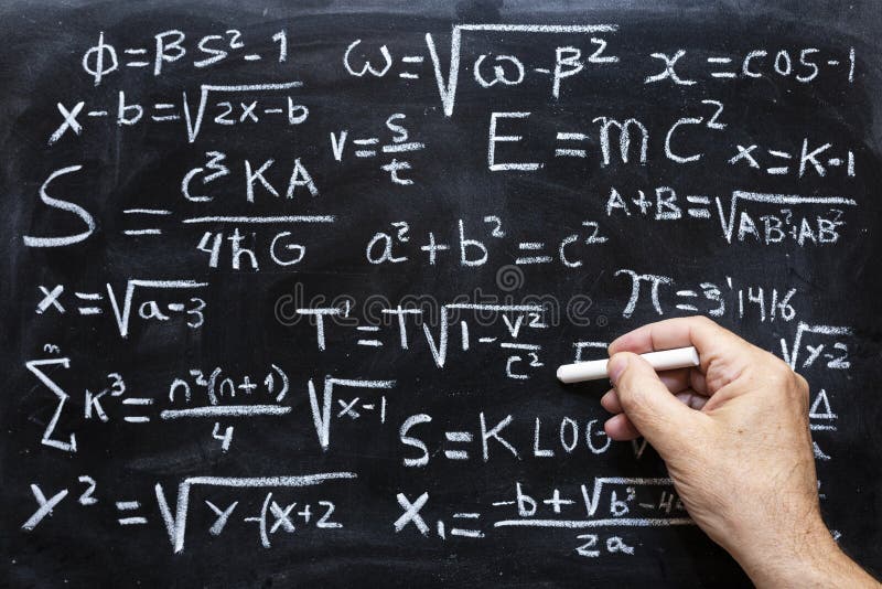 Mathematical Equations and Physics Formulas Handwritten on Blackboard ...