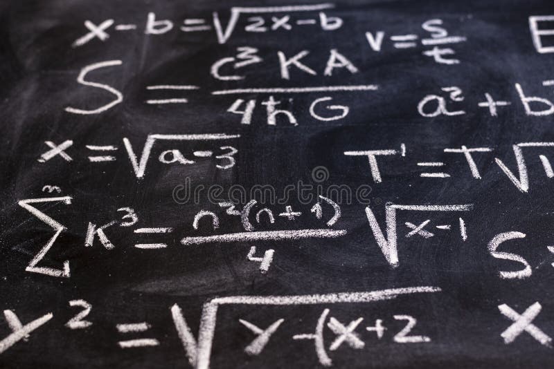 Mathematical Equations and Physics Formulas Handwritten on Blackboard ...