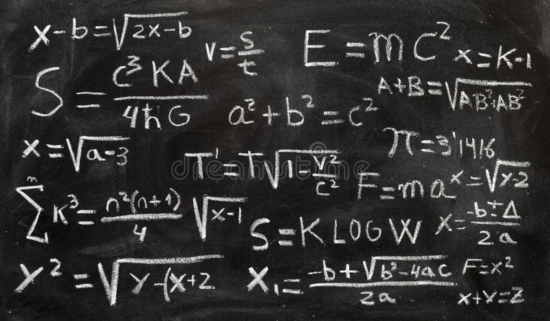 Mathematical Equations and Physics Formulas Handwritten on Blackboard ...