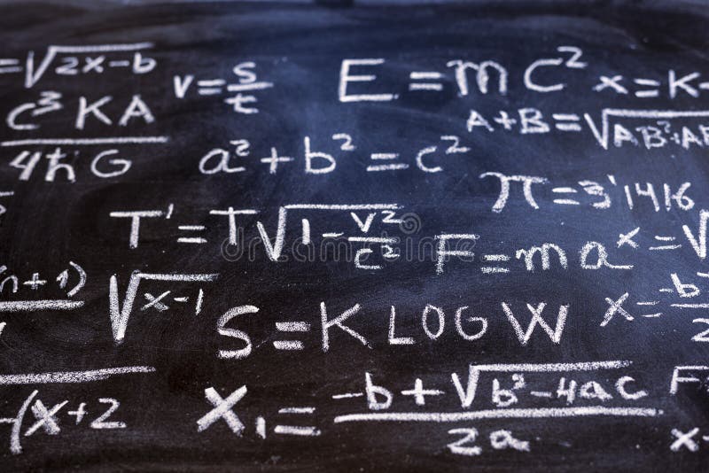 Mathematical Equations and Physics Formulas Handwritten on Blackboard ...