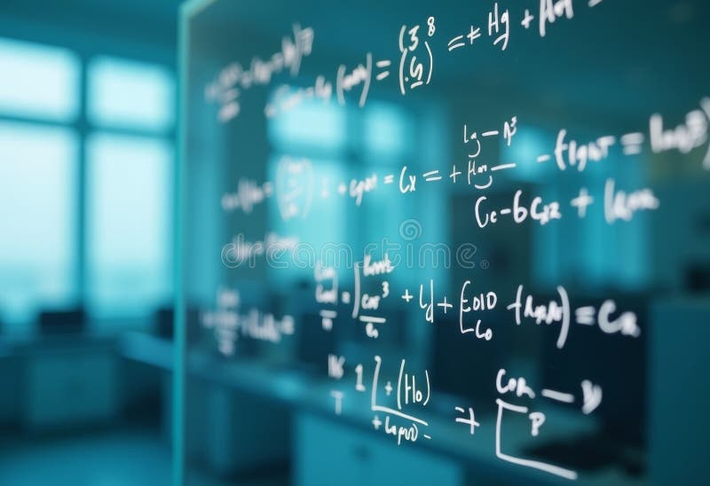 Mathematical Equations Written on a Glass Whiteboard in a Bright Office ...