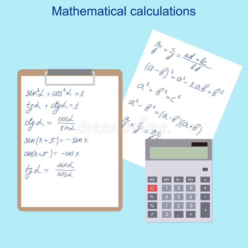 The Mathematical Formulas. Calculator, Tablet and White Paper Stock ...