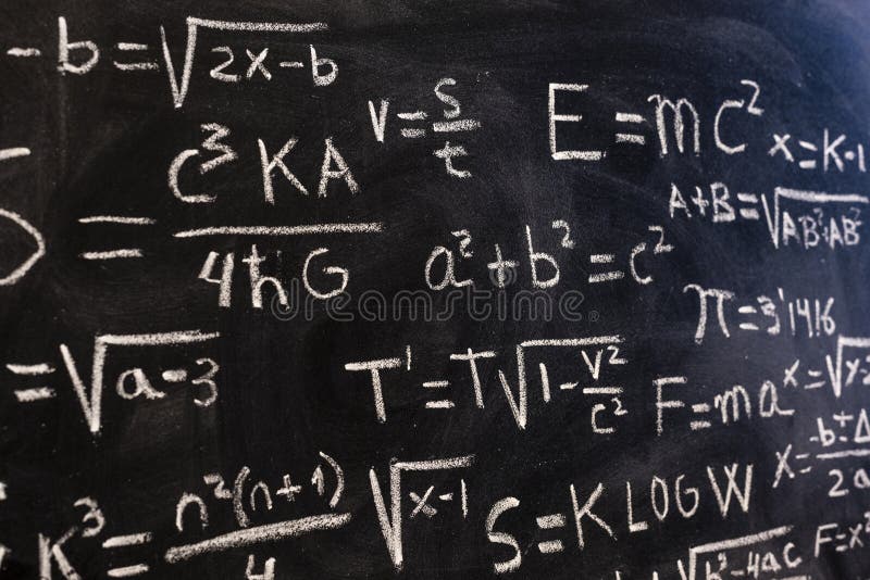 Mathematical Equations and Physics Formulas Handwritten on Blackboard ...