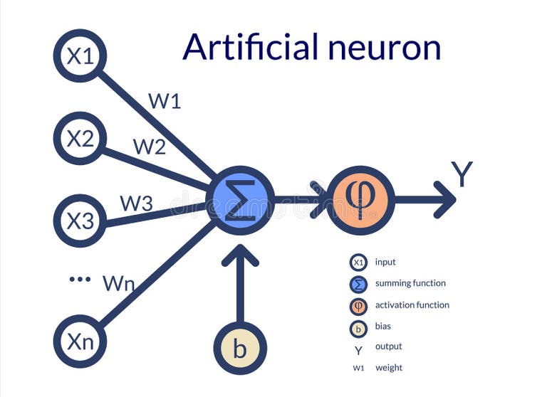 Mathematical Scheme of the Artificial Neuron. Multiple Inputs, Weight, Bias, Summing and ...
