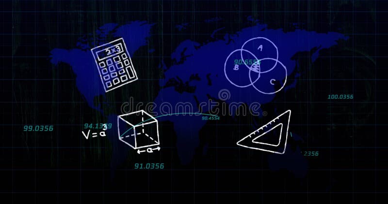 Mathematical Symbols and Diagrams are Displayed on Digital World Map ...