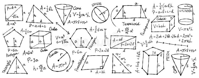 Mathematics and Geometry, Figures and Formulas on White Background ...