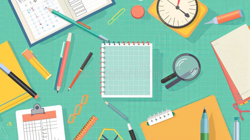 Mathematics and Office Tools on Desk with Grid Paper and Clock for ...