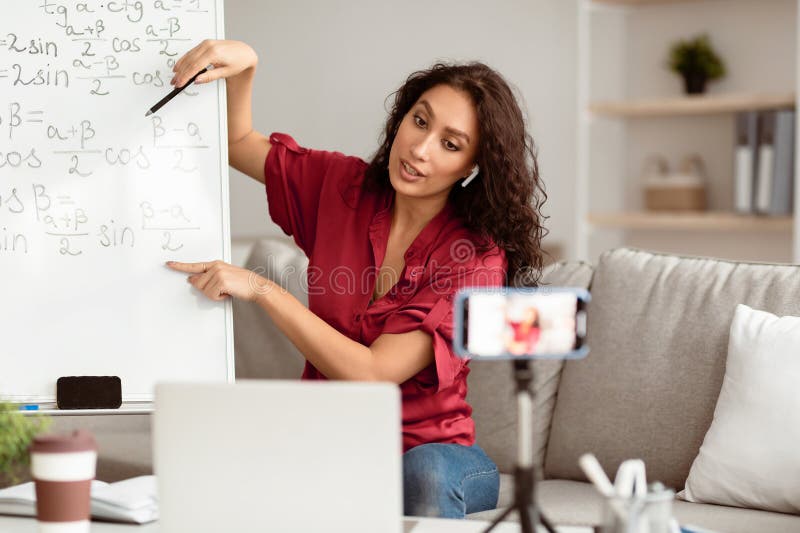 Mathematics Teacher Showing Board, Giving Virtual Lecture To Students ...