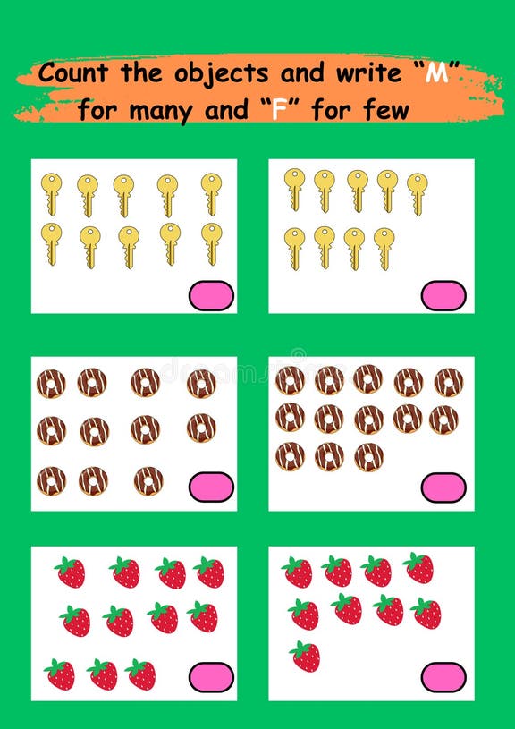 Maths Worksheet Many and Few for Kids Printable Stock Photo - Image of ...