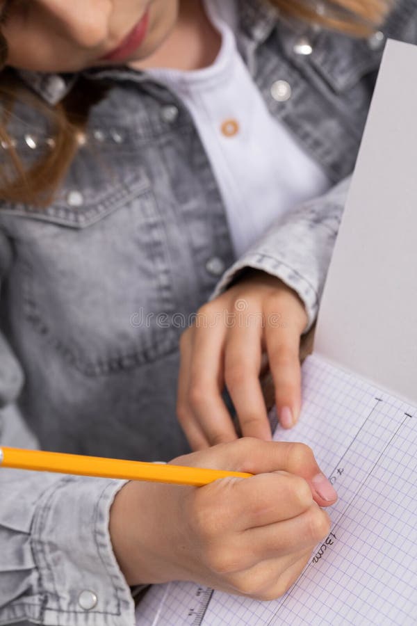 In the Maths Lesson, the Student Draws with a Pencil and Using a Ruler ...