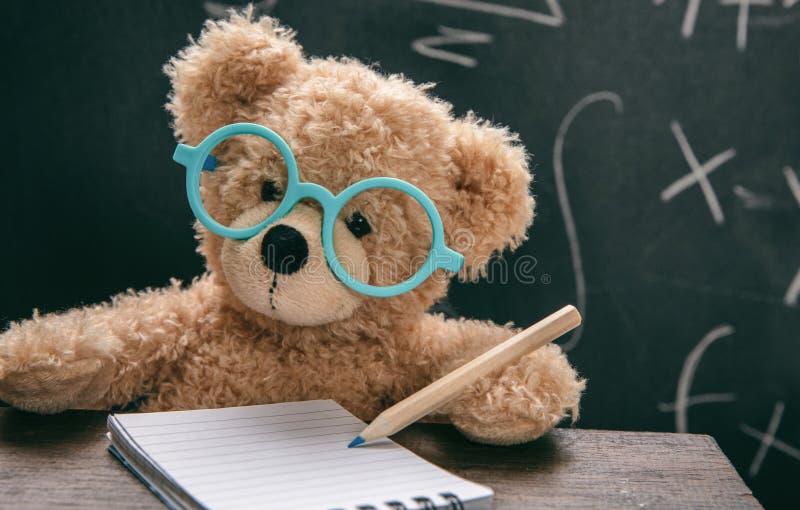 Math Test. Cute Teddy Wearing Glasses and Black Chalkboard Stock Photo ...