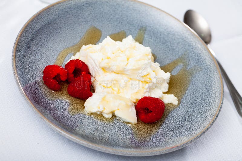 Fresh Mato Cheese from Ship Milk with Honey on Plate Stock Photo ...