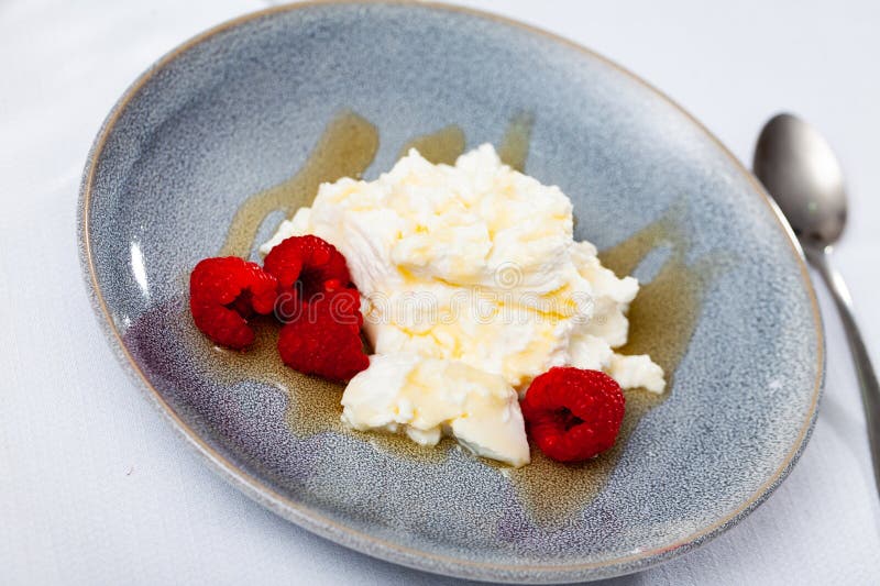 Fresh Mato Cheese from Ship Milk with Honey on Plate Stock Photo ...