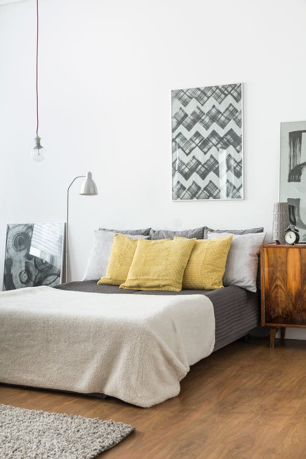 Matrimonial Bed with Light Bedding Stock Image - Image of stylish ...