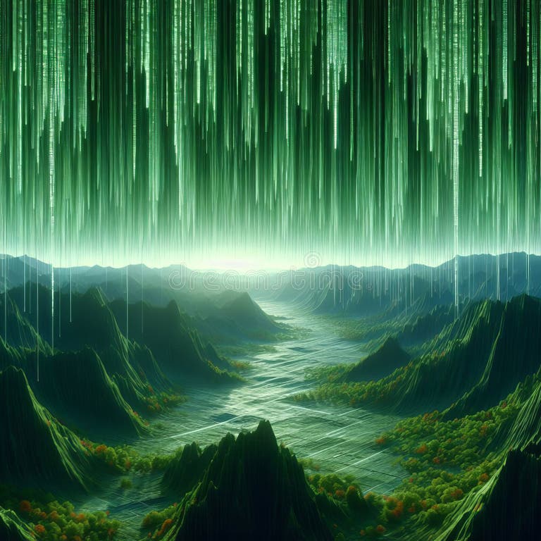 Matrix Code Landscape a Landscape Composed of Cascading Green Co Stock ...