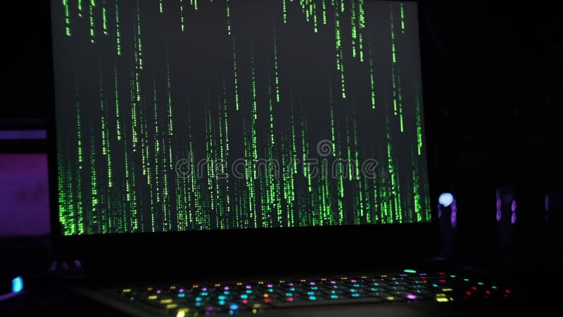Matrix Code Rain on Laptop Screen in Dark Modern Room Stock Video ...