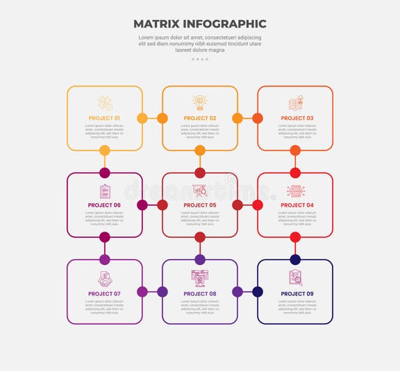 Matrix Grid Structure Infographic Outline Style with 3x3 Point Template with Round Box ...