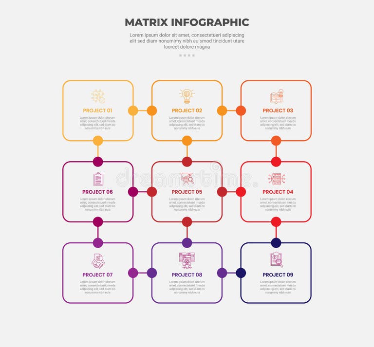 Matrix Grid Structure Infographic Outline Style with 3x3 Point Template ...