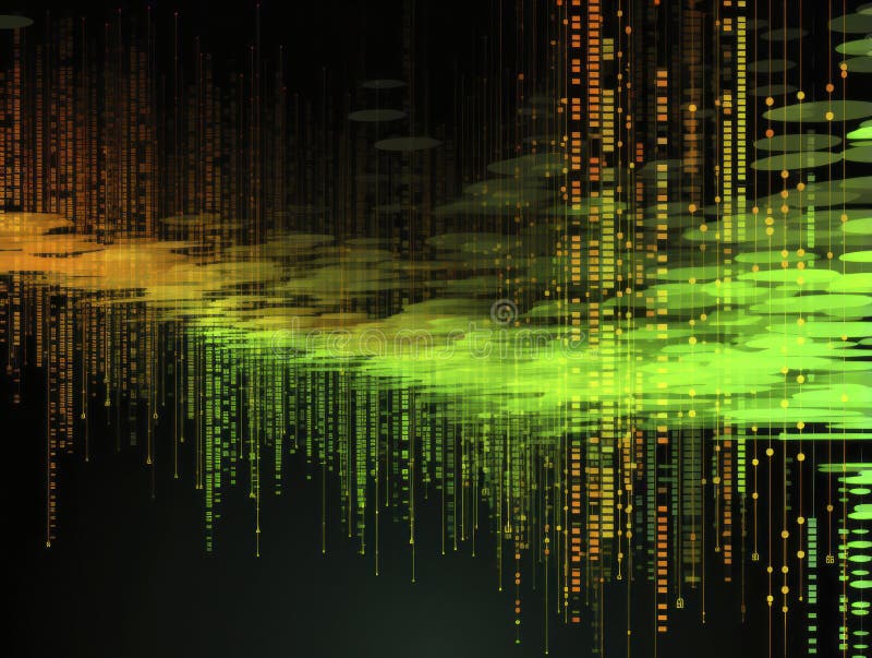 Matrix-inspired Glitch Art Background with Flowing Streams of Neon Green Binary Code on a Pitch ...