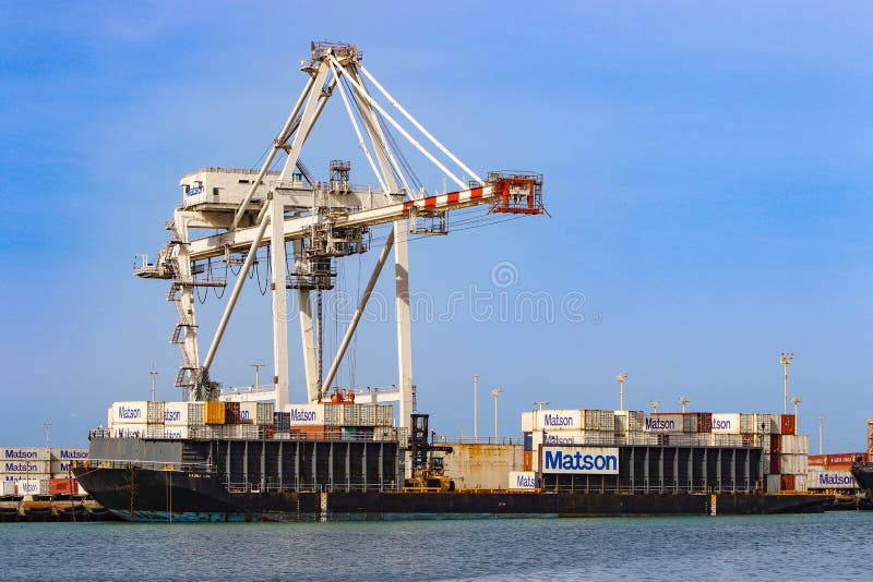 Matson Offloading Cargo Docking Station in Hawaii with Ships, Clear Sky ...