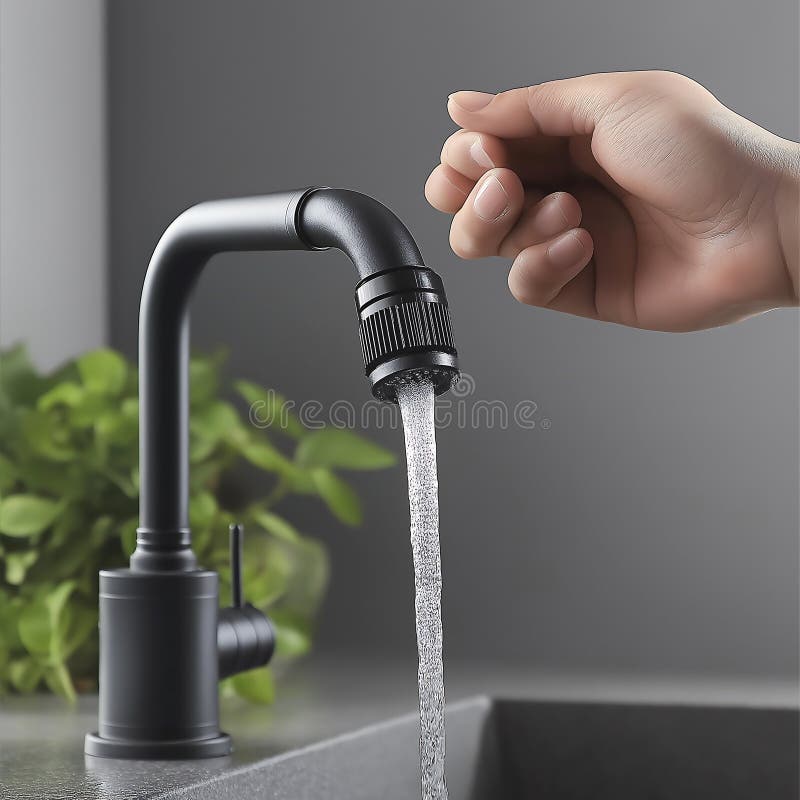 Matte Black Faucet with Water Flow Controlled by Hand in a Kitchen ...