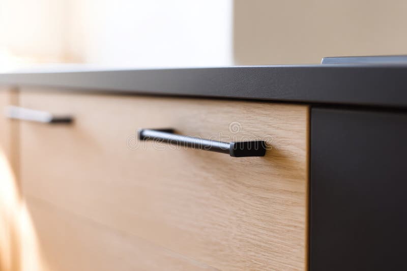 Matte Black Handle on Wooden Kitchen Drawer Stock Image - Image of ...