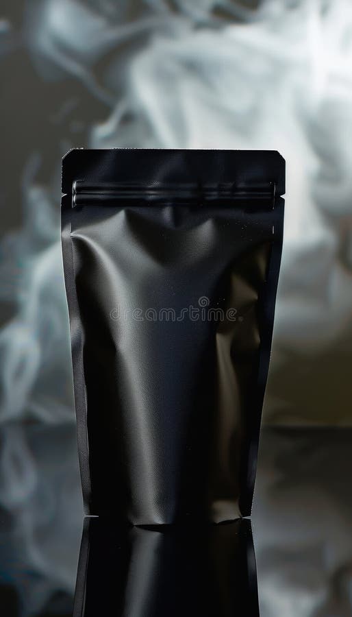 Matte Black Pouch on Reflective Surface for Elegant Packaging Design ...