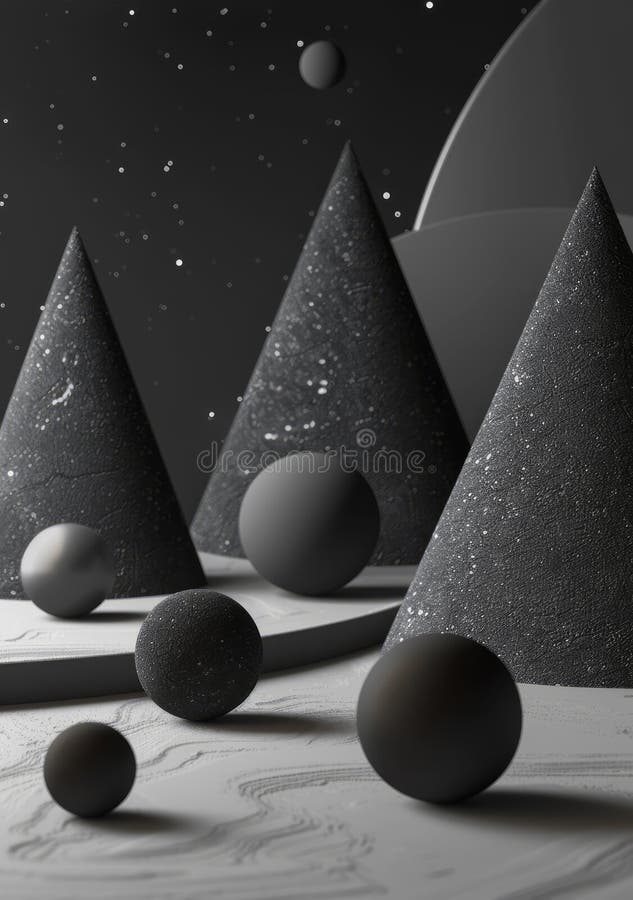 Matte Black Pyramids and Spheres with Subtle Texture, Arranged in a ...