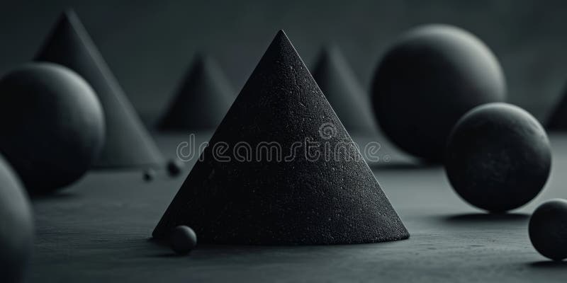 Matte Black Pyramids and Spheres with Subtle Texture, Arranged in a ...