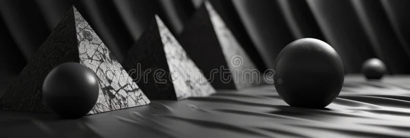 Matte Black Pyramids and Spheres with Subtle Texture, Arranged in a ...
