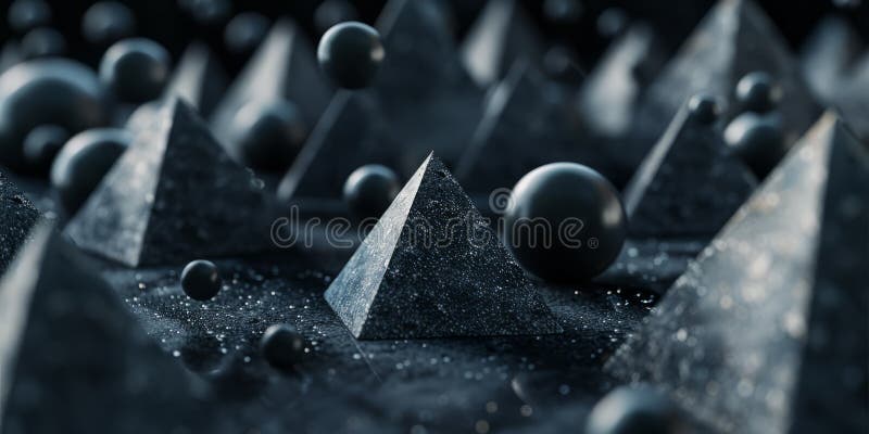 Matte Black Pyramids and Spheres with Subtle Texture, Arranged in a ...