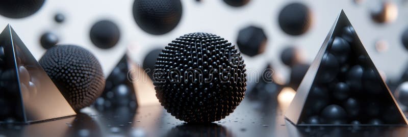 Matte Black Pyramids and Spheres with Subtle Texture, Arranged in a ...