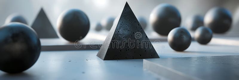 Matte Black Pyramids and Spheres with Subtle Texture, Arranged in a ...