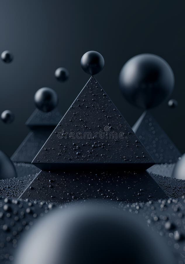 Matte Black Pyramids and Spheres with Subtle Texture, Arranged in a ...