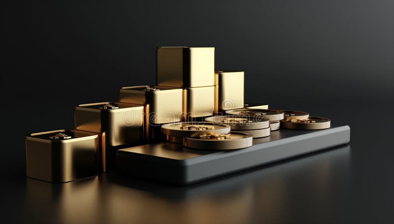 A Matte Black Rectangular Base with Golden Metal Blocks and Coins ...
