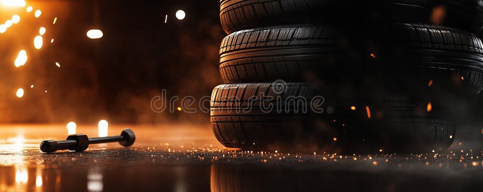 Matte Black Tire Stack with Jack Tool in Workshop at Night Showcasing ...