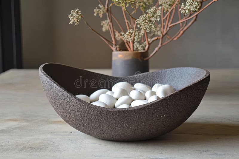 Matte Ceramic Bowl with Soft Curves Filled with Tiny White Pebbles ...