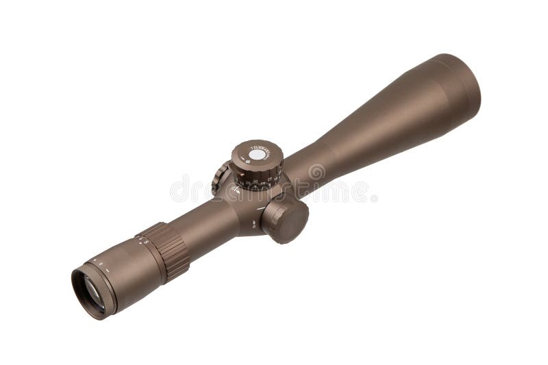 A Matte-finished Brown Rifle Scope Featuring Multiple Adjustment Dials ...