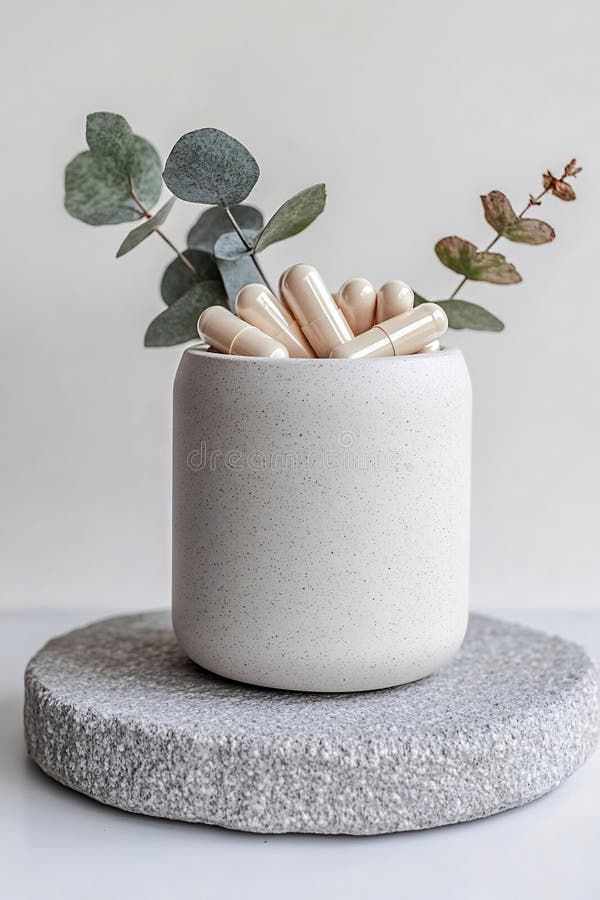 Minimalist Ceramic Jar with White Capsules and Eucalyptus Stock Image ...