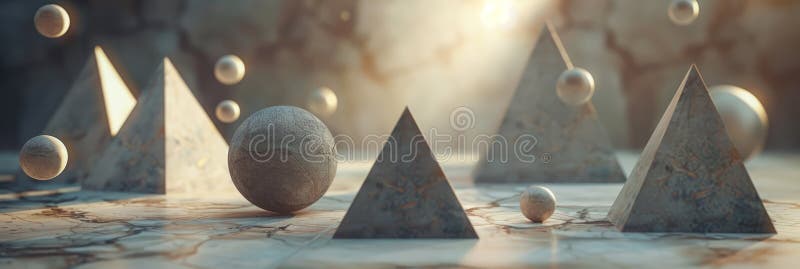 Matte Pyramids and Spheres with Subtle Texture, Arranged in a ...