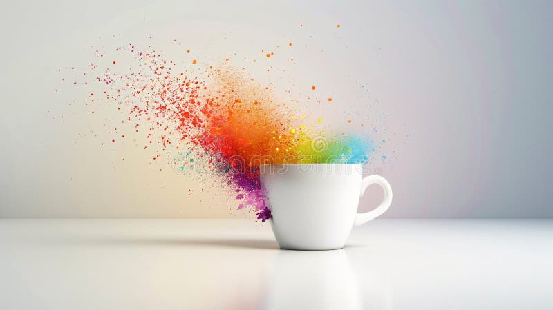 A Matte White Coffee Cup with a Rainbow Explosion, Colors Creating a ...