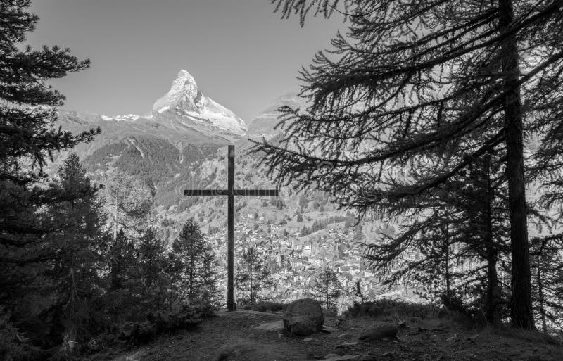 The Matterhorn Peak with the Cross Over the Zermatt Stock Image - Image ...