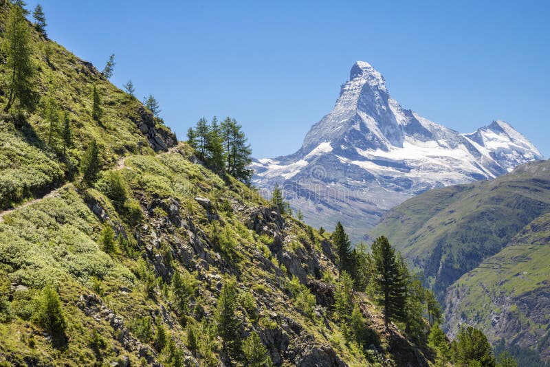 The Matterhorn Peak Over the Mattertal Valley in Walliser Aslps Stock ...