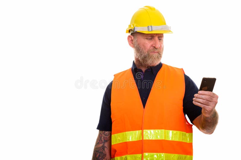 Mature Bearded Man Construction Worker Using Mobile Phone Stock Photo ...