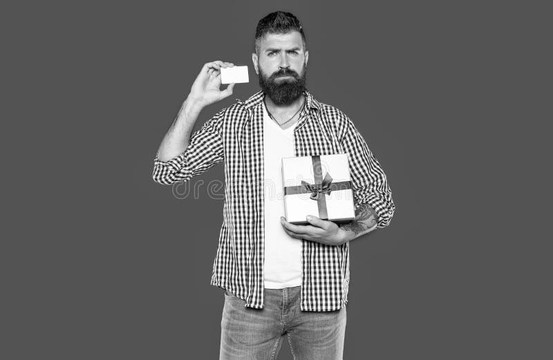 Mature Bearded Man with Present Box and Card Stock Photo - Image of ...