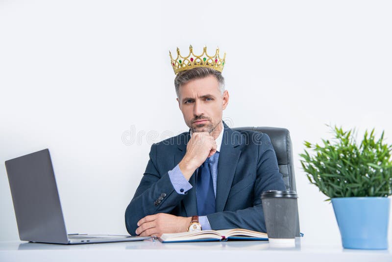Mature Boss in Suit and Crown at the Office Stock Photo - Image of ...