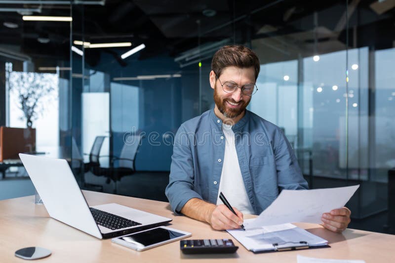 Mature Businessman in Shirt Doing Paperwork, Man Working with Documents ...