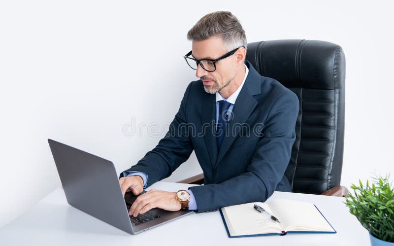 Mature Businessman Sitting in Business Office with Computer Stock Image ...
