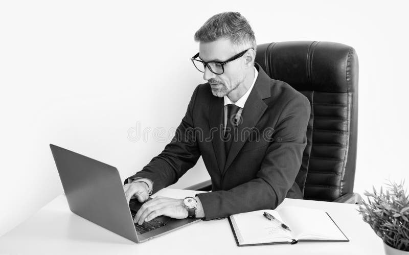 Mature Businessman Sitting in Business Office with Computer Stock Image ...